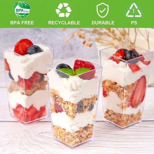 Qeirudu 50 Pack 3 oz Mini Square Dessert Cups with Lids and Spoons Clear Plastic Parfait Cups Mini Appetizer Shot Glasses for Individual Mousse Trifle Fruit Pudding