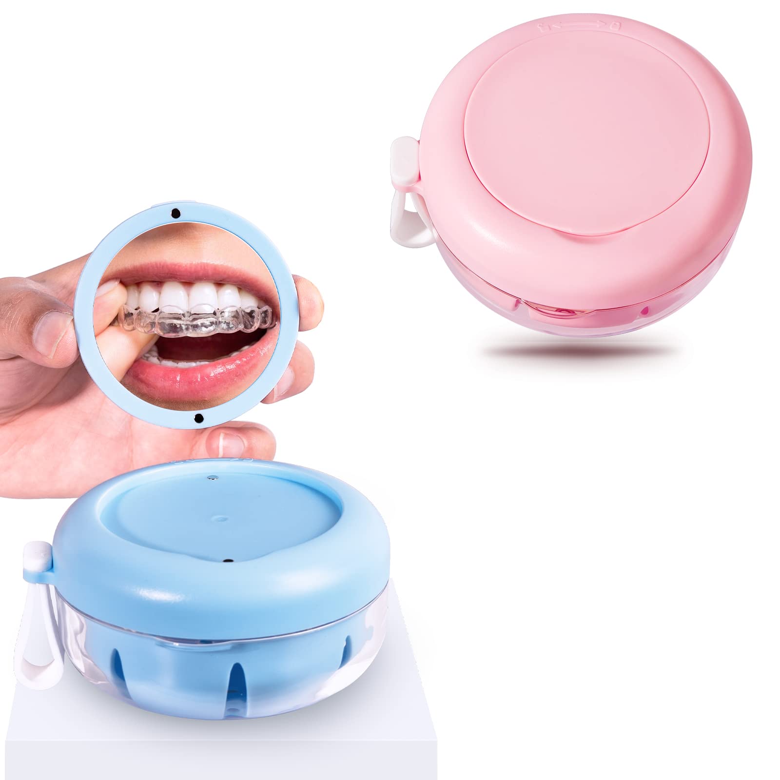 Denture Case -2 Pack - Definitely No-Leak Denture Bath Box for Traveling Perfectly, Denture Cup with Strainer & Mirror(Blue & Pink)