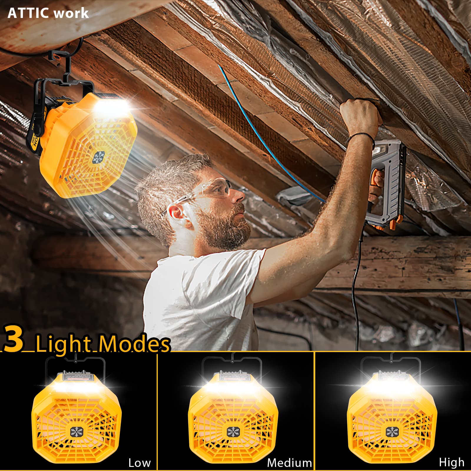 Cordless Fan for Dewalt 20v Max Battery,Portable Jobsite Fan with 3 Energy Efficient Speed Settings and 300LM Led Work Light,Battery Operated Fan for Bedroom Home Camping Tent Office (Tool Only)