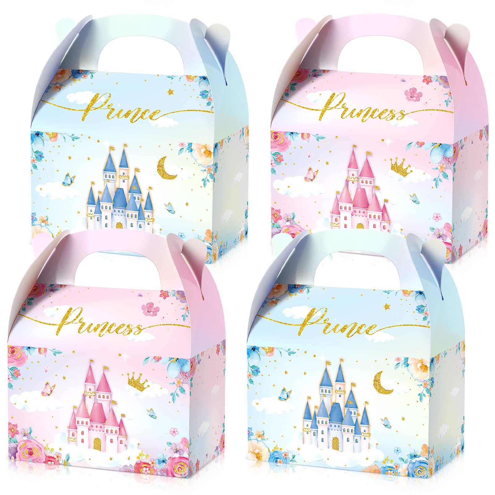 Princess and Prince Treat Boxes Pink Princess Boxes Blue Prince Castle Gift Boxes Little Princess Crown Goodie Boxes Royal Prince Cardboard Boxes for Boy Girl Birthday (Prince and Princess, 24 Pcs)