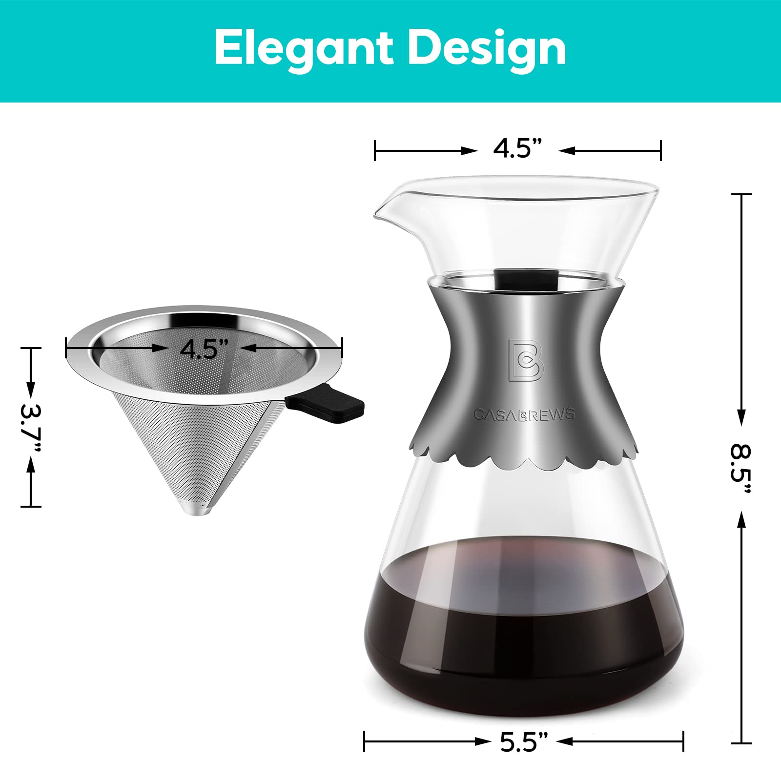 CASABREWS Pour Over Coffee Maker, Coffee Dripper Brewer with Reusable Stainless Steel Filter, 8 Cup Heat Resistant Glass Coffee Carafe, Elegant Coffee Brewer, Black