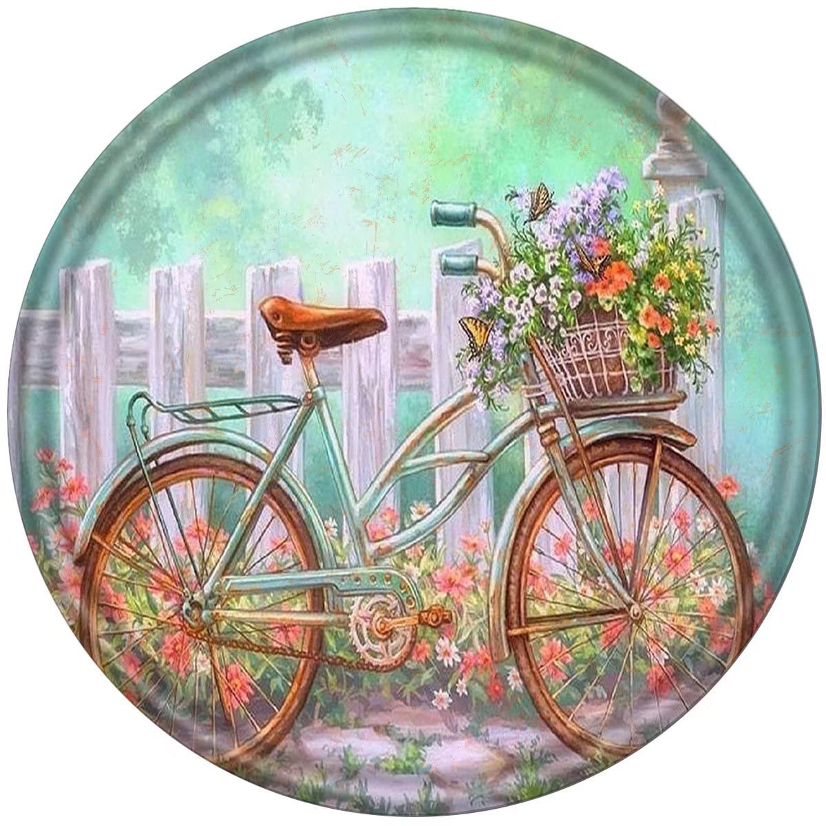 WZVZGZ Metal Round Tin Sign Bicycle and Flowers Retro Art Wall Decor Antique Tin Sign 12x12inch