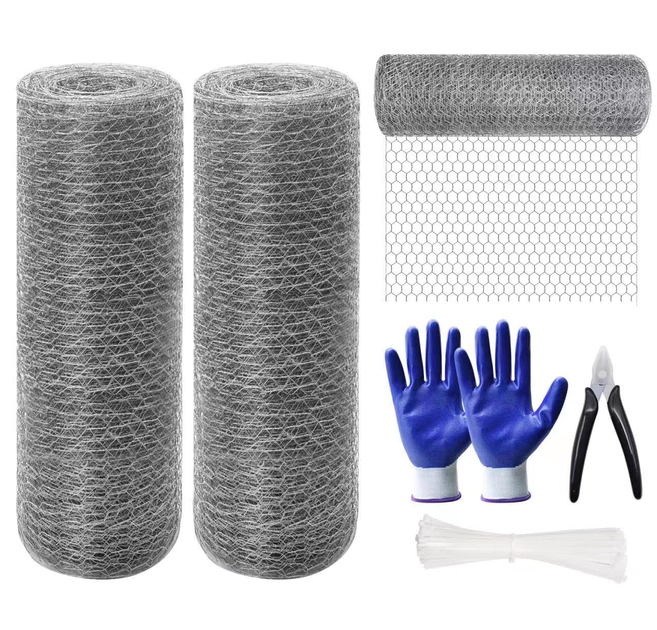 Chicken Wire, 2 Rolls of 15.7โ ร393.7โ Chicken Wire Net for Craft, Chicken Wire Fence Mesh with Plier, Protective Gloves, Cable Zip Ties for Crafts Garden Poultry Chicken Coops Rabbit Rodent Cage