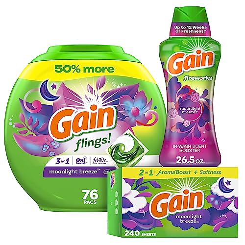 Gain flings Laundry Detergent Soap Pacs, Moonlight Breeze, 76 count + Gain Fireworks Laundry Scent Booster Beads for Washer, Moonlight Breeze, 26.5 oz + Gain Dryer Sheets, Moonlight Breeze, 240 Count