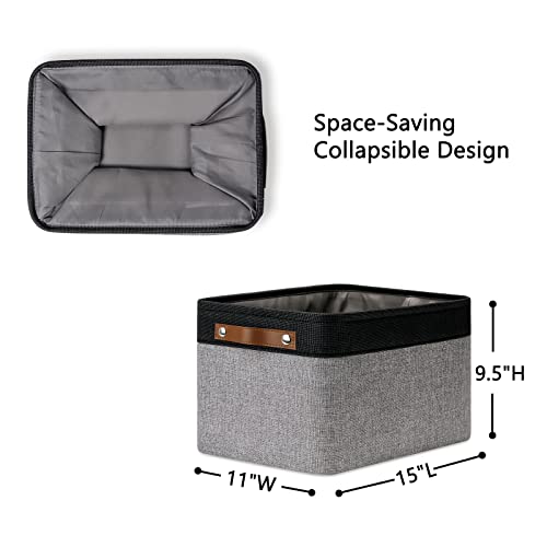 DULLEMELO Canvas Storage Bin with Handles, Fabric Bins for Shelves, Bedroom, Office,Nursery,Fabric Storage Baskets for Toys, Clothes,Gift(Black&Grey,15"x11"x9.5",4-Pack)