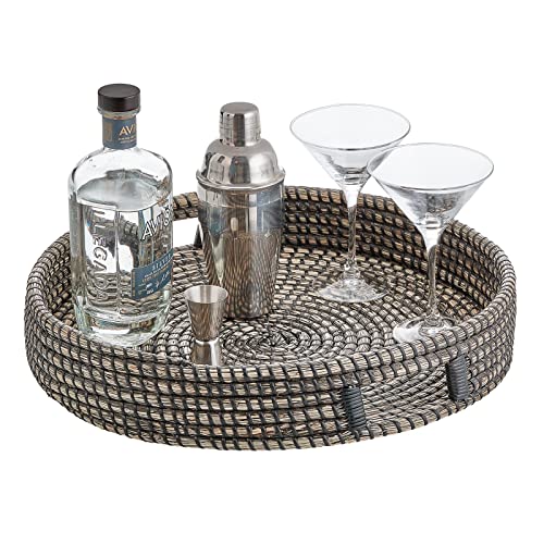 mDesign Seagrass Woven Large Decorative 18" Round Basket Serving Tray w/Built-In Handles for Kitchen, Coffee Table, Wall Decor, Ottoman; For Storage, Centerpiece Display - Black