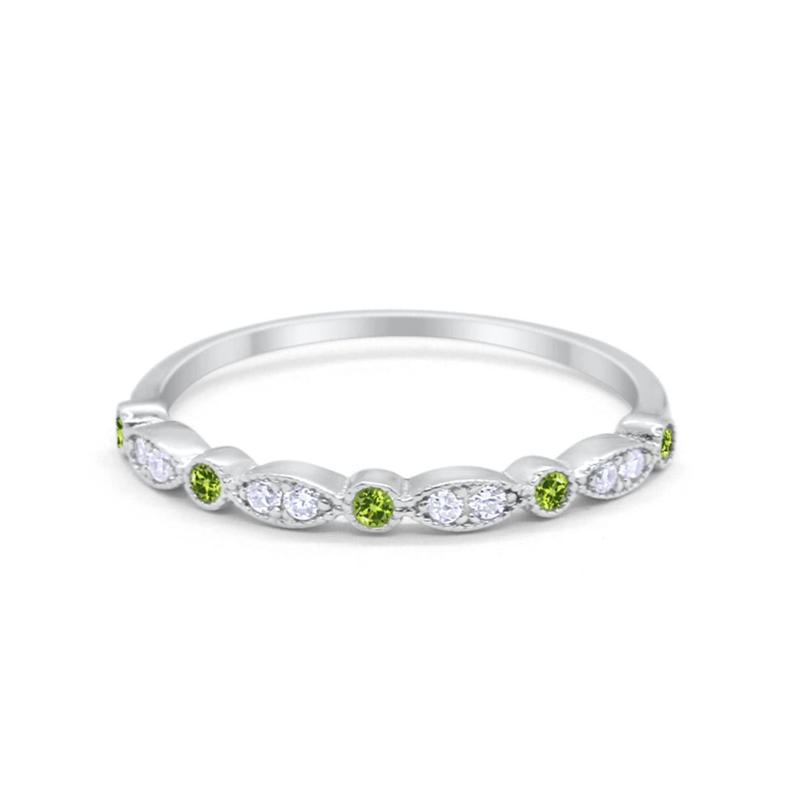 Blue Apple Co. 2mm Half Eternity Wedding Band Art Deco Design Round Simulated Peridot Cubic Zirconia 925 Sterling Silver Size-9