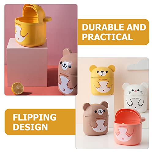 LIFKOME Cute Mini Desktop Trash Can Desktop Cartoon Bear Garbage Can Cute Plastic Trash Can Shake Cover Bucket Small Paper Basket Flipping Trash Bin for Kitchen Yellow