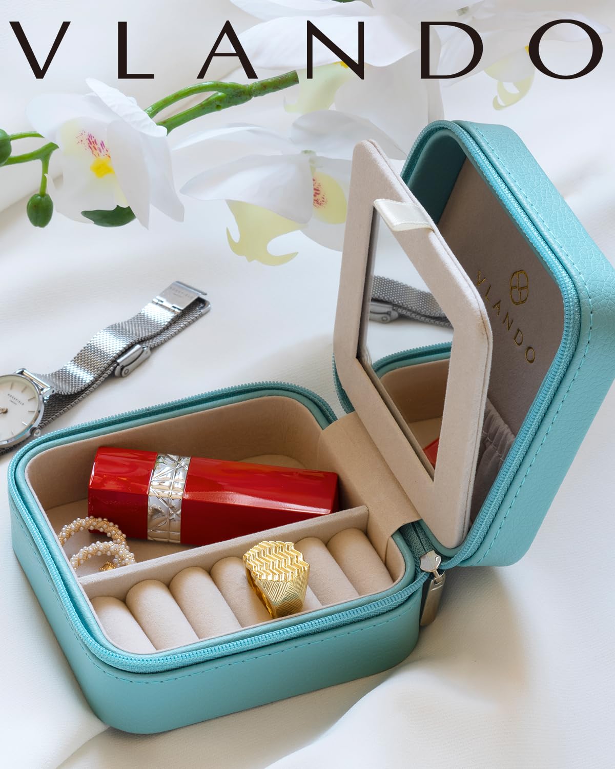 Vlando Small Travel Jewelry Box Organizer Display Storage Case for Rings Earrings Necklace (Blue)