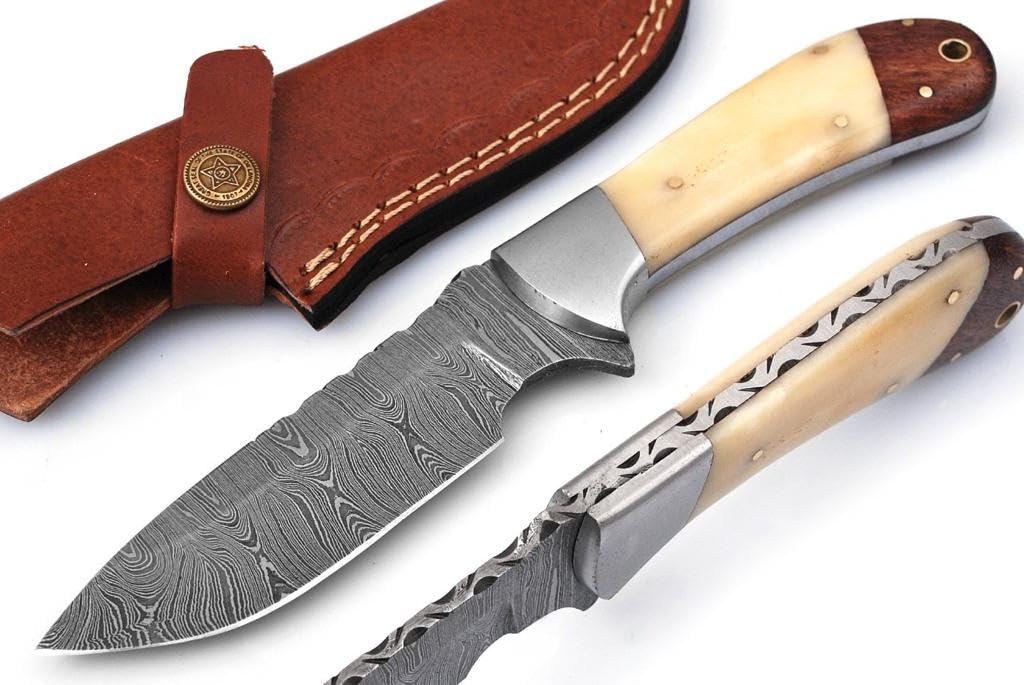 Birsppy HLXFF3 Damascus fixed blade knife, Custom Handmade knife, Damascus Steel Hunting Knife with Horizontal Carry gear - Fixed Blade Survival tactical Bushcraft Knife with Leather Sheath EC-9101