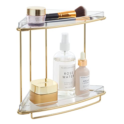 mDesign Steel/Plastic Freestanding Countertop Corner Shelf Organizer with 2-Tier Storage for Bathroom, Vanity, Cabinet, Counter - Holds Makeup, Bath Gel - Prism Collection - 2 Pack - Clear/Soft Brass