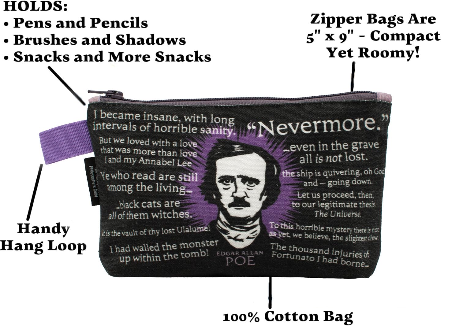 The Unemployed Philosophers Guild Edgar Allan Poe Bag - 9" Canvas Zipper Gothic Themed Pouch for Pencils, Tools, Cosmetics, Toiletries, and More