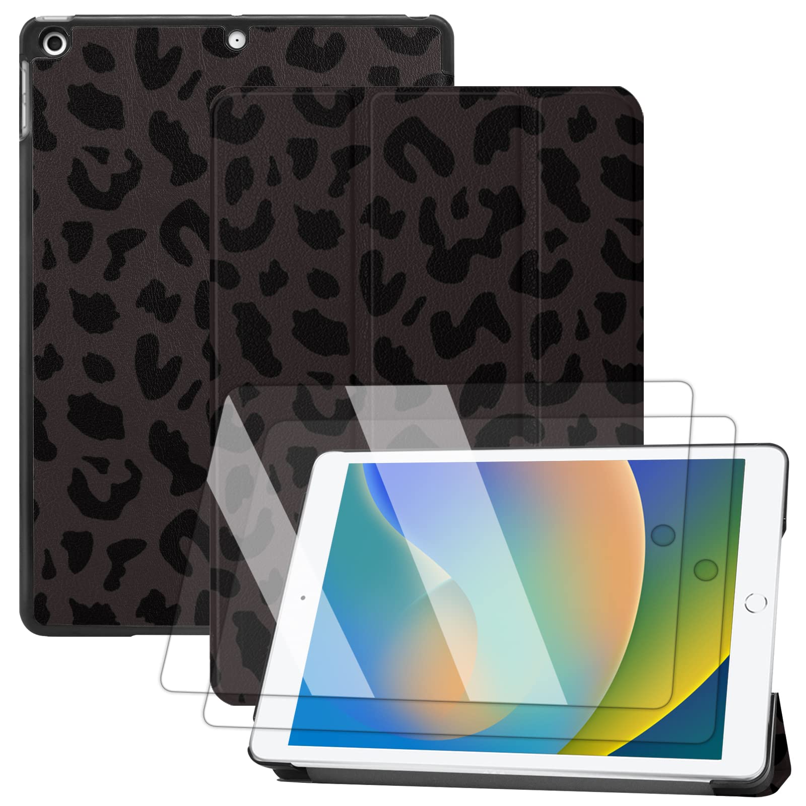 Deokke Compatible with iPad 9th /8th /7th Generation Case(2021/2020/2019) with 2Pcs Screen Protector and Hard Back iPad 10.2 inch Case,Auto Sleep/Wake Cover-Black Purple Leopard Cheetah