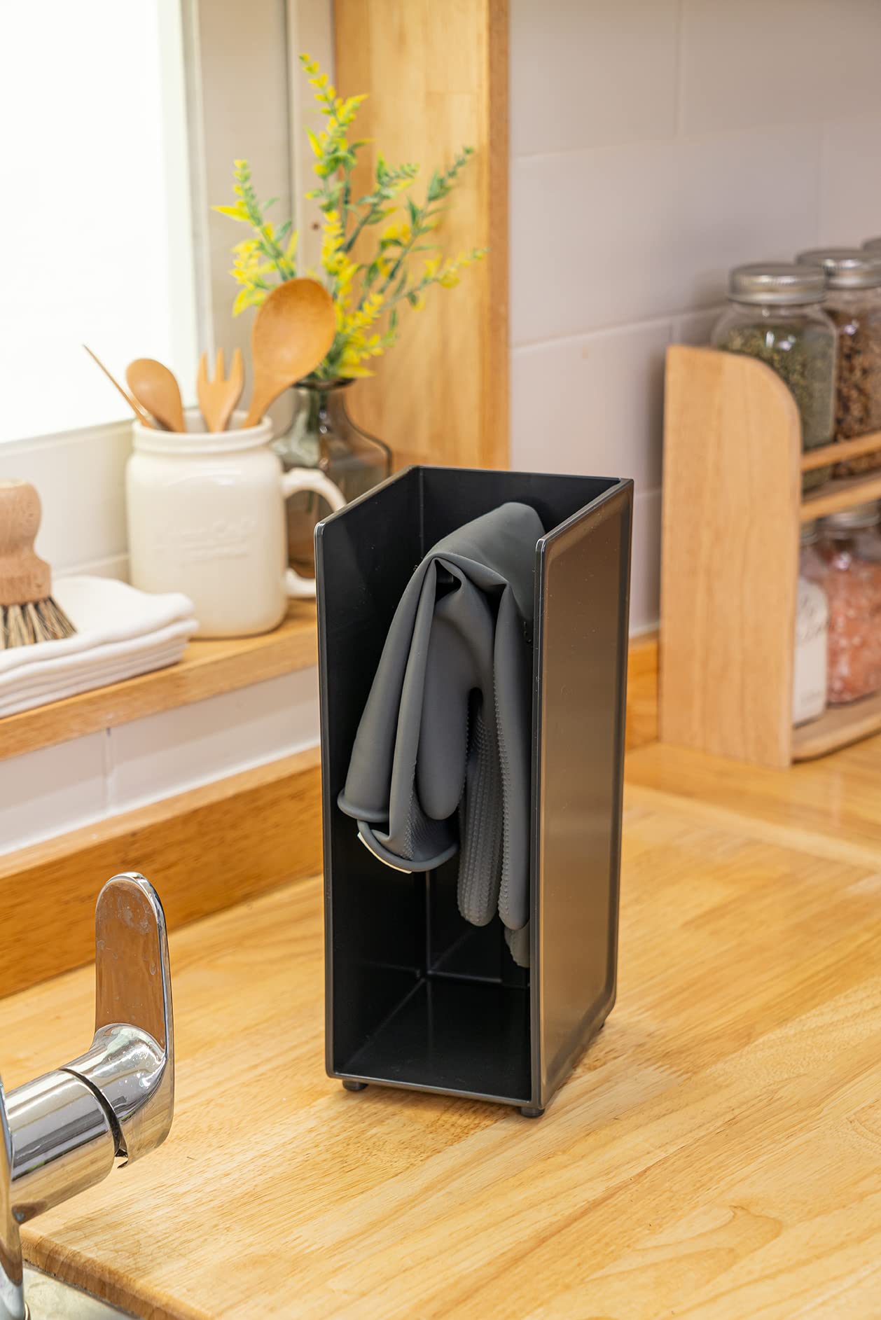 COELO Hidden Glove Drying Holder Rack Dryer for Kitchen Gloves Cloth Linen Sponge Loofah Table Top Stand with 1 Pair Dishwashing Rubber Glove, Black