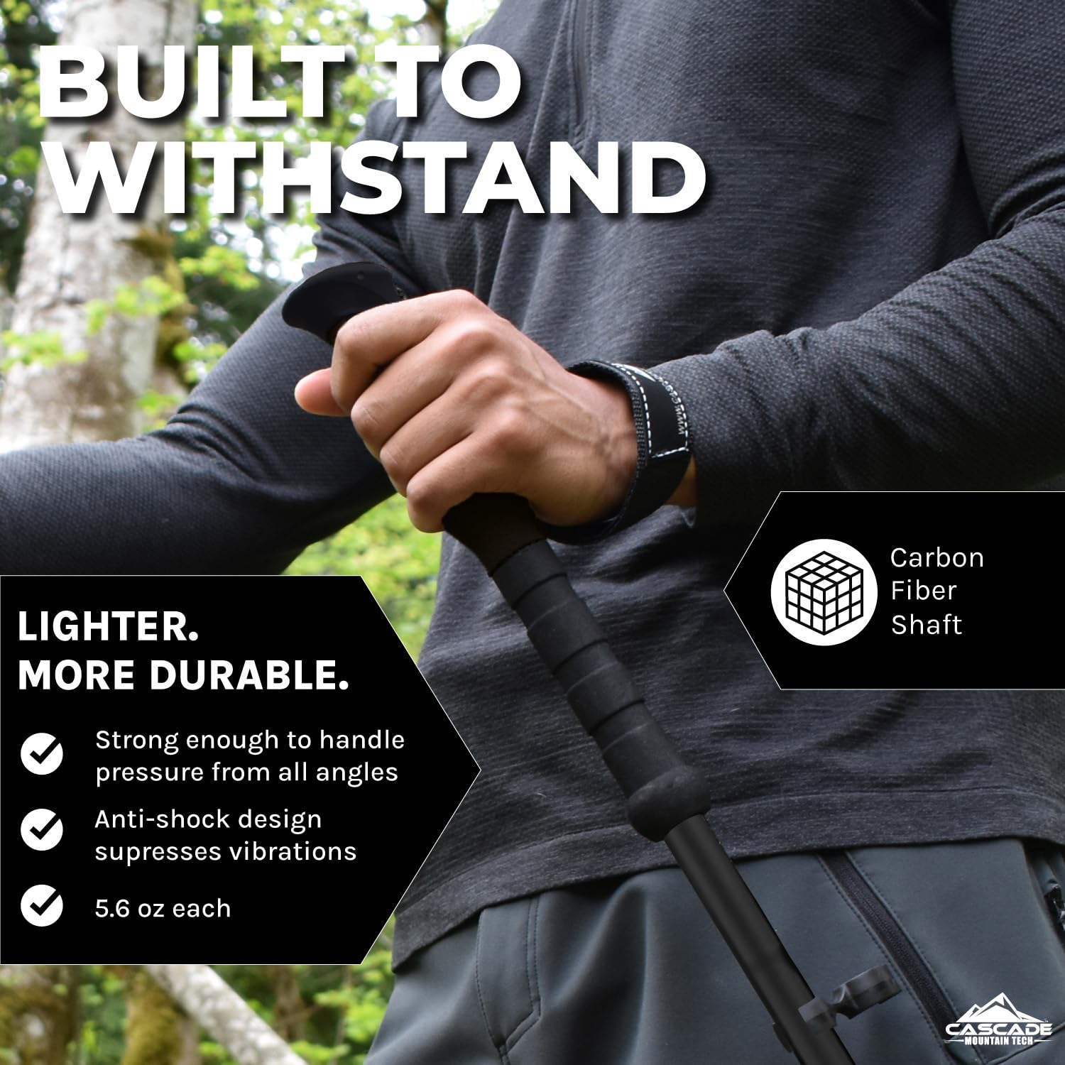 Cascade Mountain Tech Trekking Poles - Ultralight 2 Piece Carbon Fiber Walking or Hiking Sticks with Quick Adjustable Locks (Set of 2) , Black