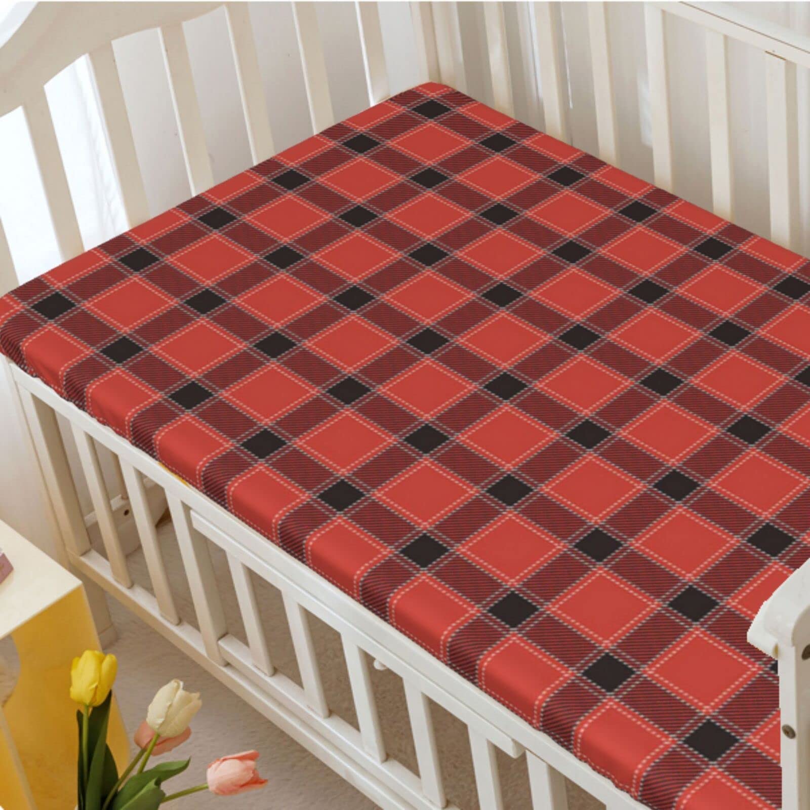 Buffalo Plaid Themed Fitted Mini Crib Sheets,Portable Mini Crib Sheets Soft and Breathable Bed Sheets-Baby Crib Sheets for Girl or Boy, 24β x38β,Charcoal Grey and Vermilion