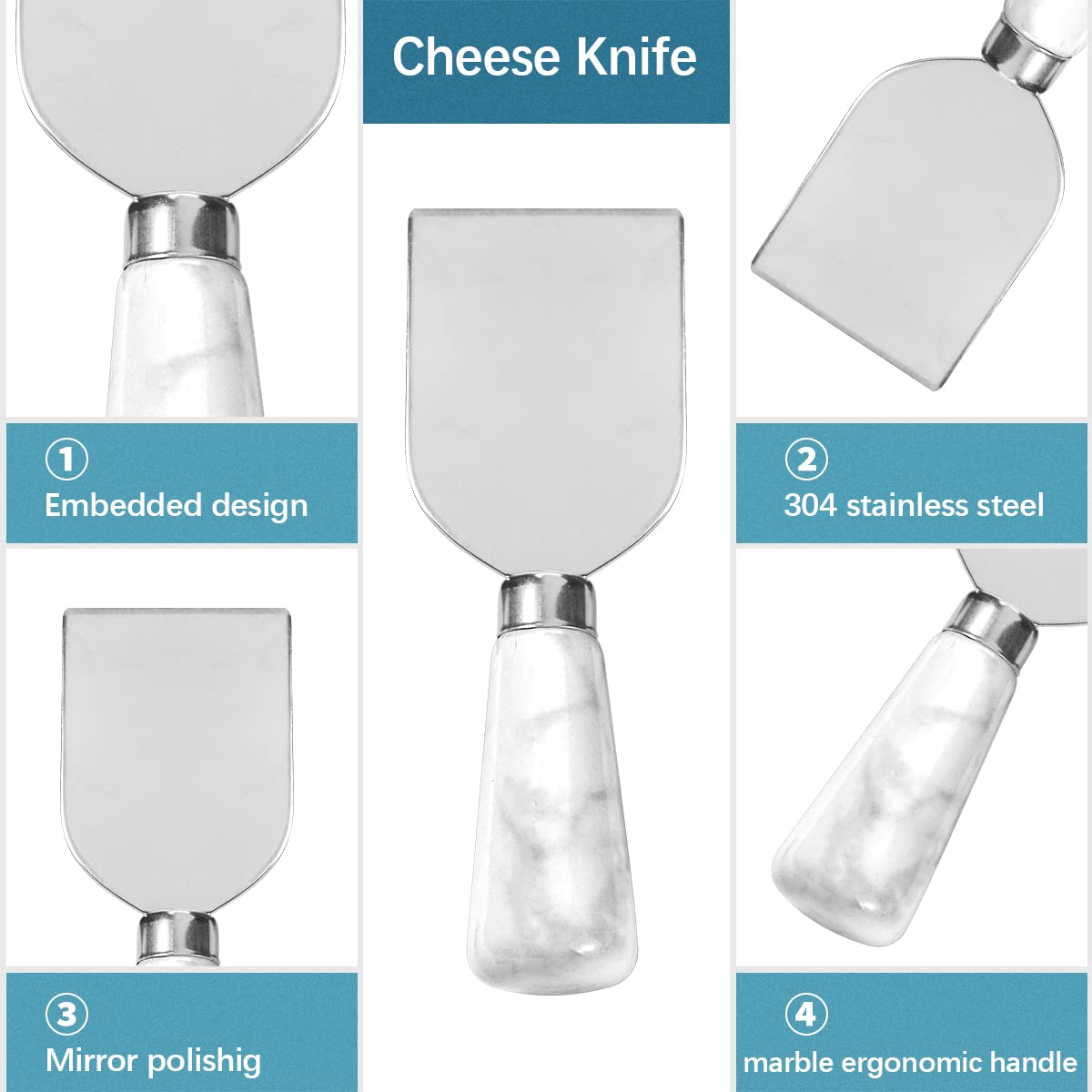 Funland 4PCs Cheese Knife Spreader Set with Marble Handle, Cute Cheese Knives Cutter Slicer for Marble Cheese Board, Spatula for cheese Board Accessories, Gift for Party, Thanksgiving - Silver