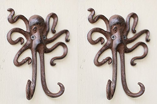 Set of 2 Octopus Wall Storage Hanging Hook Rustic Antique Nautical Decoration Cast Iron 5.6 Inches Long By 5.5 Inches Wide By 1 Inch Deep.
