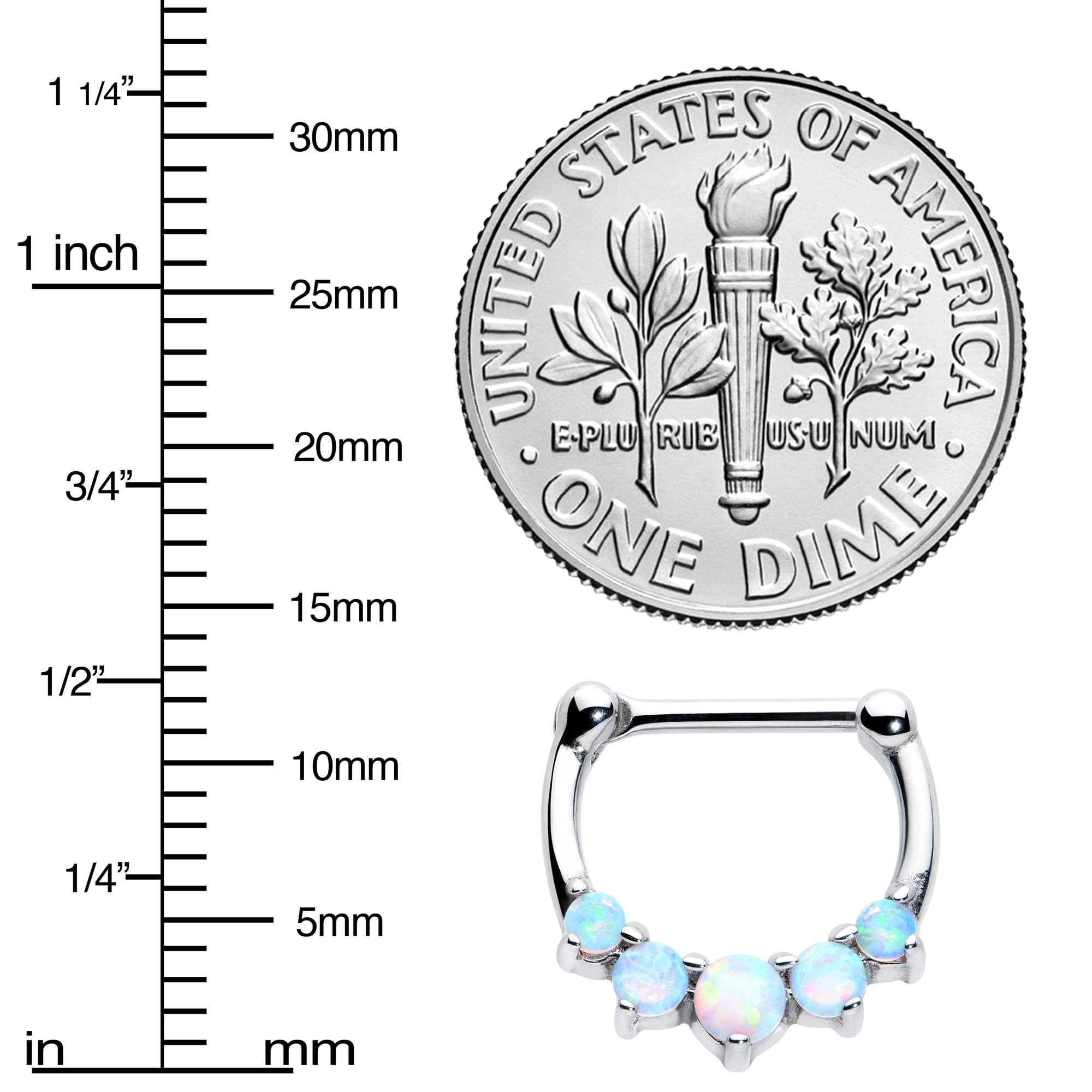 Body Candy Stainless Steel Barbell White Synthetic Opal Quintet Septum Clicker 16 Gauge 1/4"