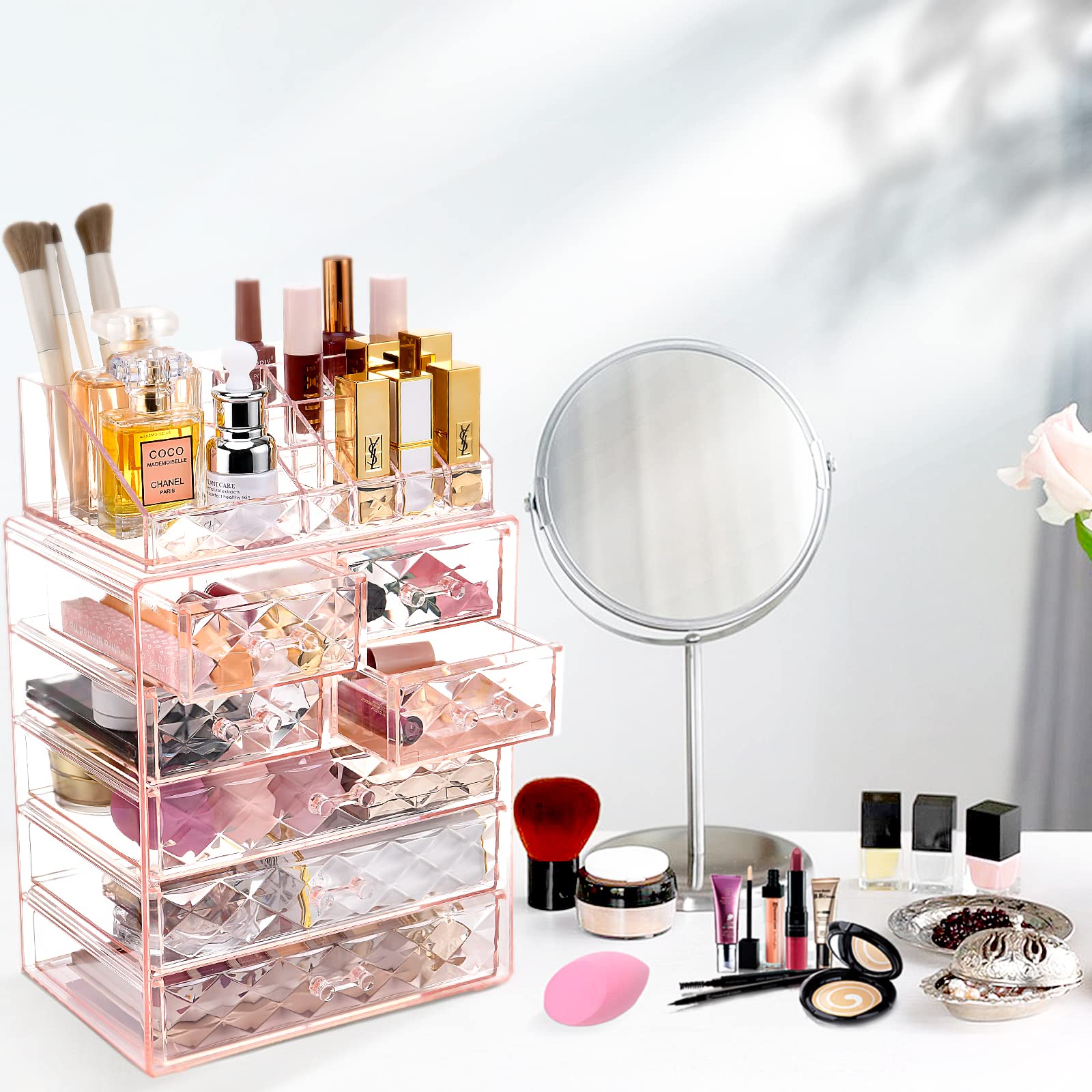 COMVTUPY Clear Makeup Organizer with Brush Holder, Large Acrylic Cosmetic Display Jewelry & Make Up Organizers and Storage for Vanity, Bathroom (3 Large, 4 Small Drawers, Diamond Pink)