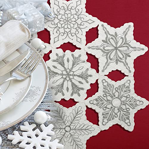 OWENIE Christmas Placemats Set of 4, Metallic Embroidered Cutwork Silver Snowflakes Round Placemats for Dinging Table, Luxury Holiday Tabletop Collections, Winter Table Mats (4pcs, 15 inches Round)