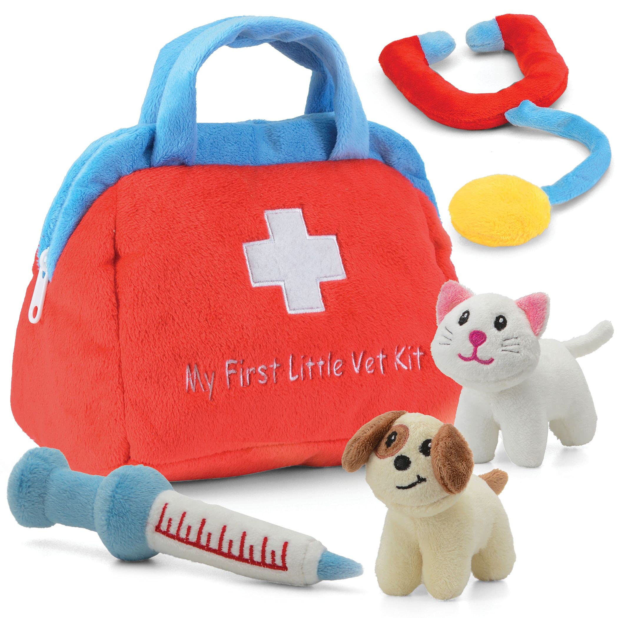 PREXTEX My First Vet Kit - Plush Playset with Plush Dog, Cat and Veterinary Bag, Stocking Stuffer, Holiday Present for Boys, Girls and Toddlers (5 pcs)