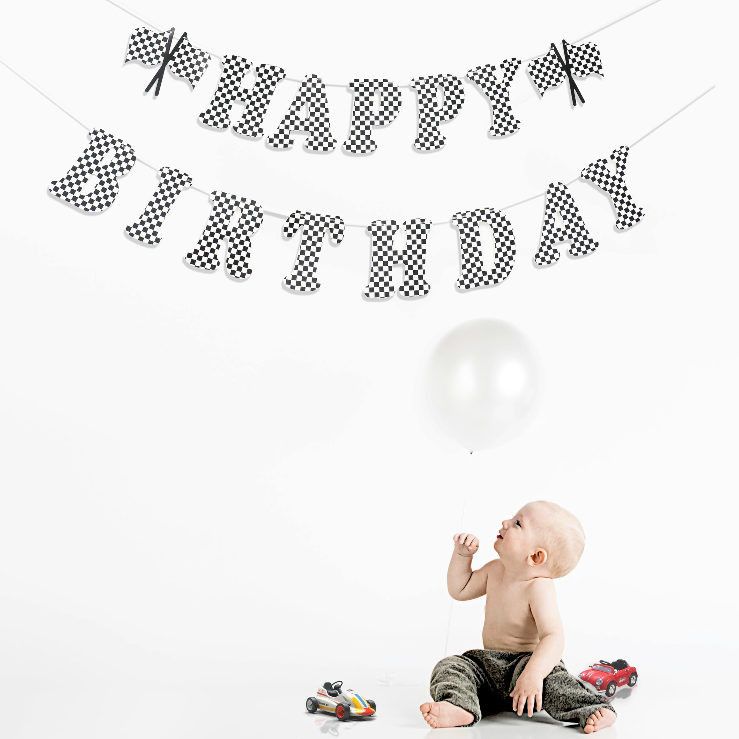 Diprin Racing Birthday Banner, Black and White Checkered Banner Racing Birthday Party Decorations, for Nascar Race Party Supplies 