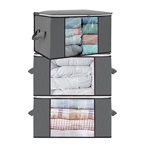 MecTo 3 Pack Clothes Storage Bag Large Capacity Under Bed Storage Organizer with Reinforced Handle Foldable Thick Fabric Storage Containers for Comforters, Blankets, Bedding (90L, Grey)