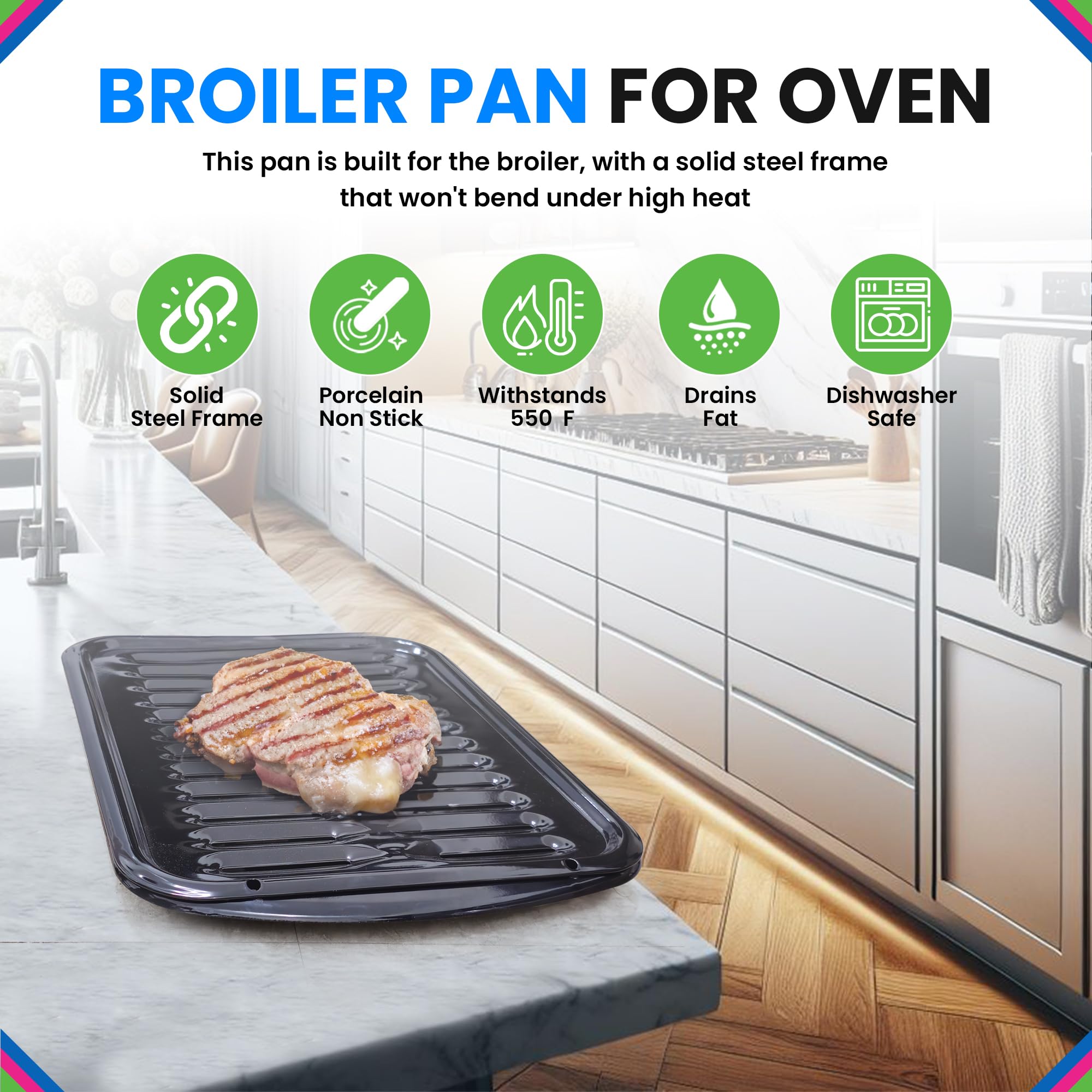 Broiler Pan for Oven Nonstick Porcelain Coated - 16.75β x 12.75β Whirlpool 4396923 Replacement Broiling Pan for Oven With Rack for High-Temperatures - Oven Broiler Pan Heats Evenly and Drains Fat