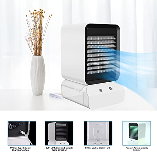 Mini Air Conditioner - Portable Air Conditioner Fan Small AC Unit Personal Desktop Air Cooler Fan - 3 Wind Speeds 7-Color NightLight & Humidify for Dorm Room Office