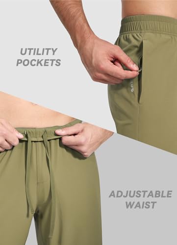 BALEAF Men's Golf Pants Running Pants with Zipper Pockets Nylon Elastic Waist Lightweight Stretch Workout Olive L