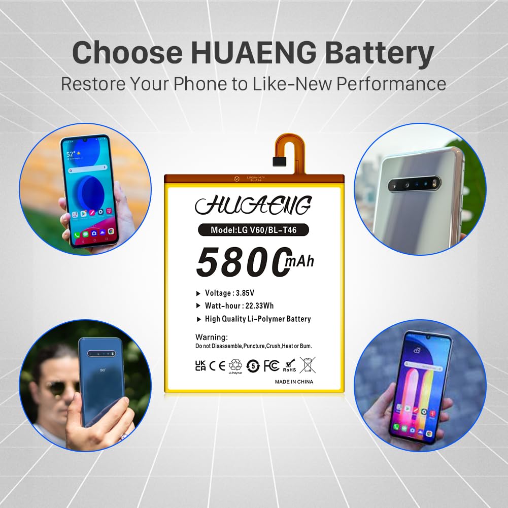 Battery for LG V60 ThinQ, Upgraded [5800mAh] BL-T46 High Capacity Battery Replacement for LG V60 ThinQ 5G LM-V600TM T-Mobile/Sprint/U.S. Cellular with Repair Tool Kit