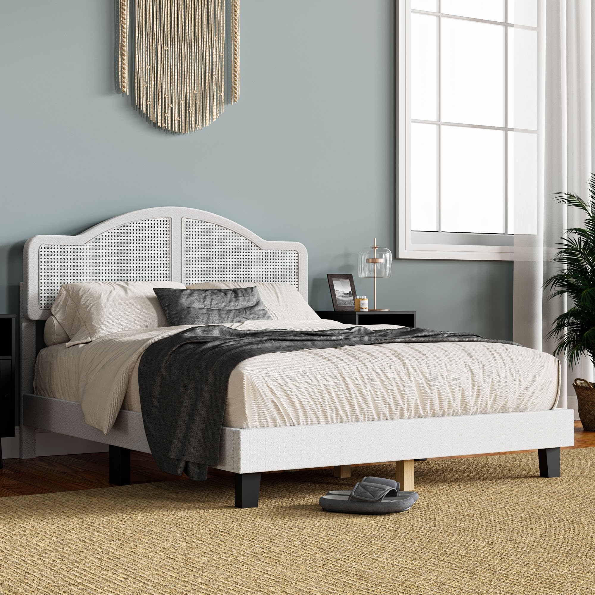 Cozy Castle Rattan Queen Size Bed Frame with Adjustable Headboard and Sturdy Slats Support, Boho Queen Platform Bed Frame, No Box Spring Needed, White