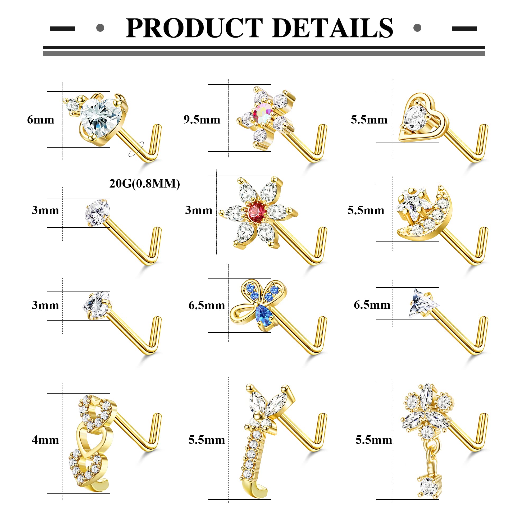 Besteel 12Pcs Nose Ring Studs Piercings Rings CZ Hypoallergenic L Heart Shape Stainless Steel Nose Ring Piercing Jewelry 20G Nose Studs for Women