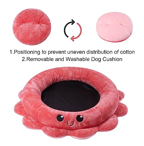Jiupety Cute Octopus Dog Bed with Smiling Face, Soft Round Dog Bed with Removable Cushion, Cartoon Style and Smiling Face, Luxury, Soft, Comfy, Cozy, Fit Small to Large Dogs (Red)