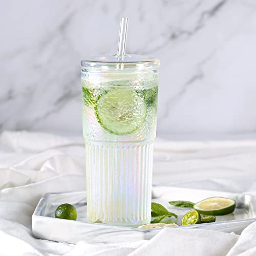 QWEZXO High Borosilicate Glass Cups With Lids and Glass Straws,20 OZ Rainbow Iced Coffee Water Tumbler Smoothie