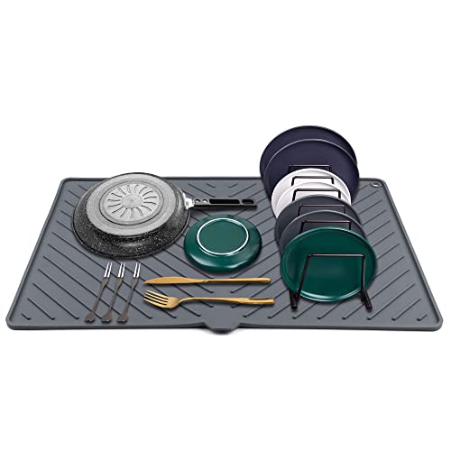 IYYI Silicone Dish Drying Mat XL(24" x 15") Dish Draining Mat for Kitchen Counter, Easy Clean, Heat Resistant, Large Drainer Mat (Gray)