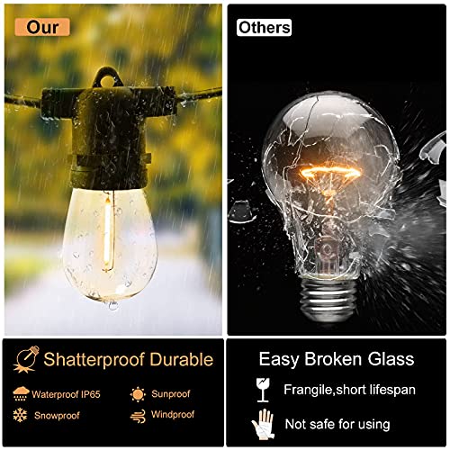 DAMAING Solar String Lights Outdoor 48Ft LED String Lights with 16 Shatterproof Bulbs,USB Rechargeable Patio Lights with 4 Lighting Modes,Heavy Duty Waterproof Solar Powered String Lights