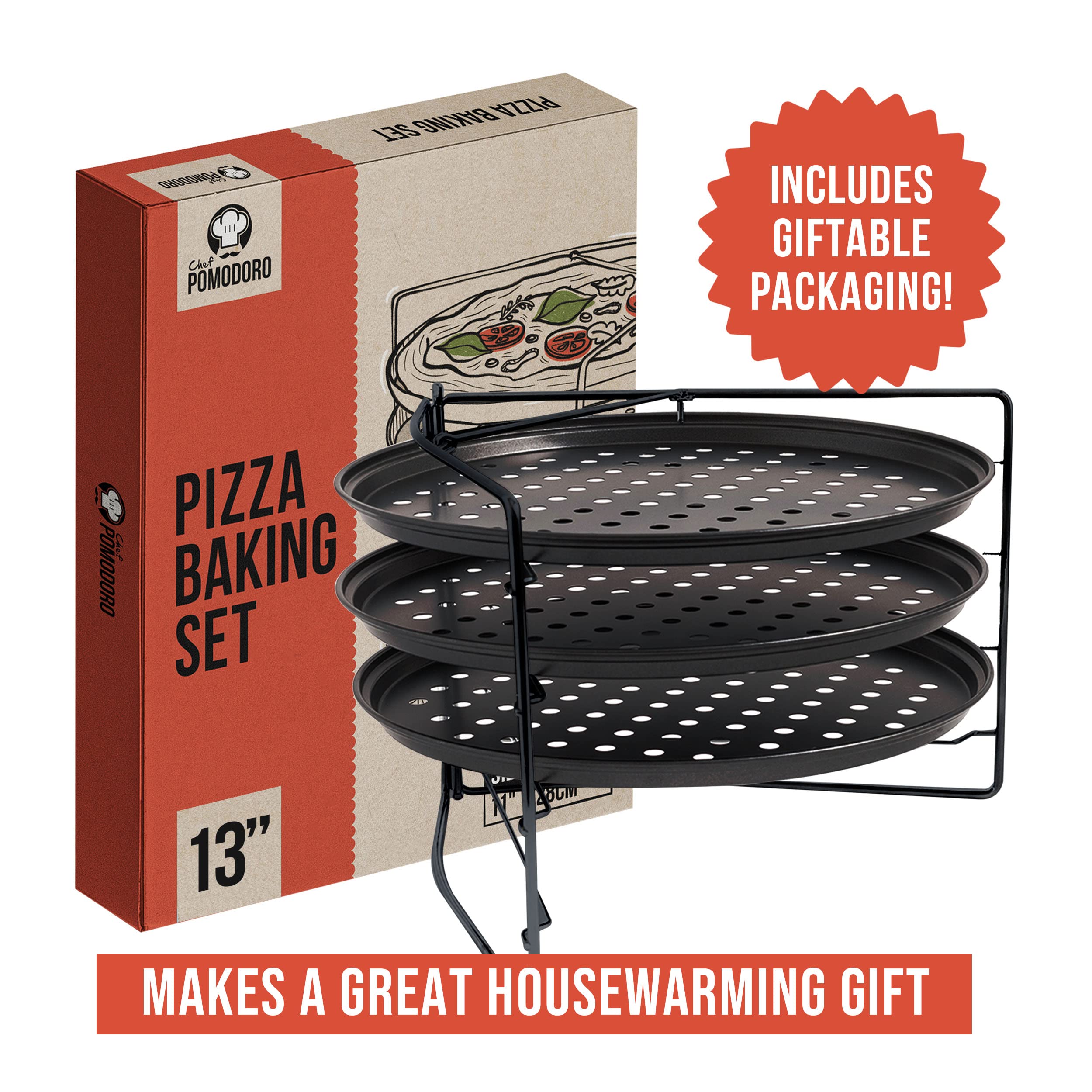 Chef Pomodoro Pizza Baking Set with 3 Pizza Pans & Pizza Rack, 13-Inch, Non-stick Pizza Stand & Pizza Tray for Oven, Grill, Pizza Pan with Holes, Perforated Pizza Pan for Oven, Barbeque