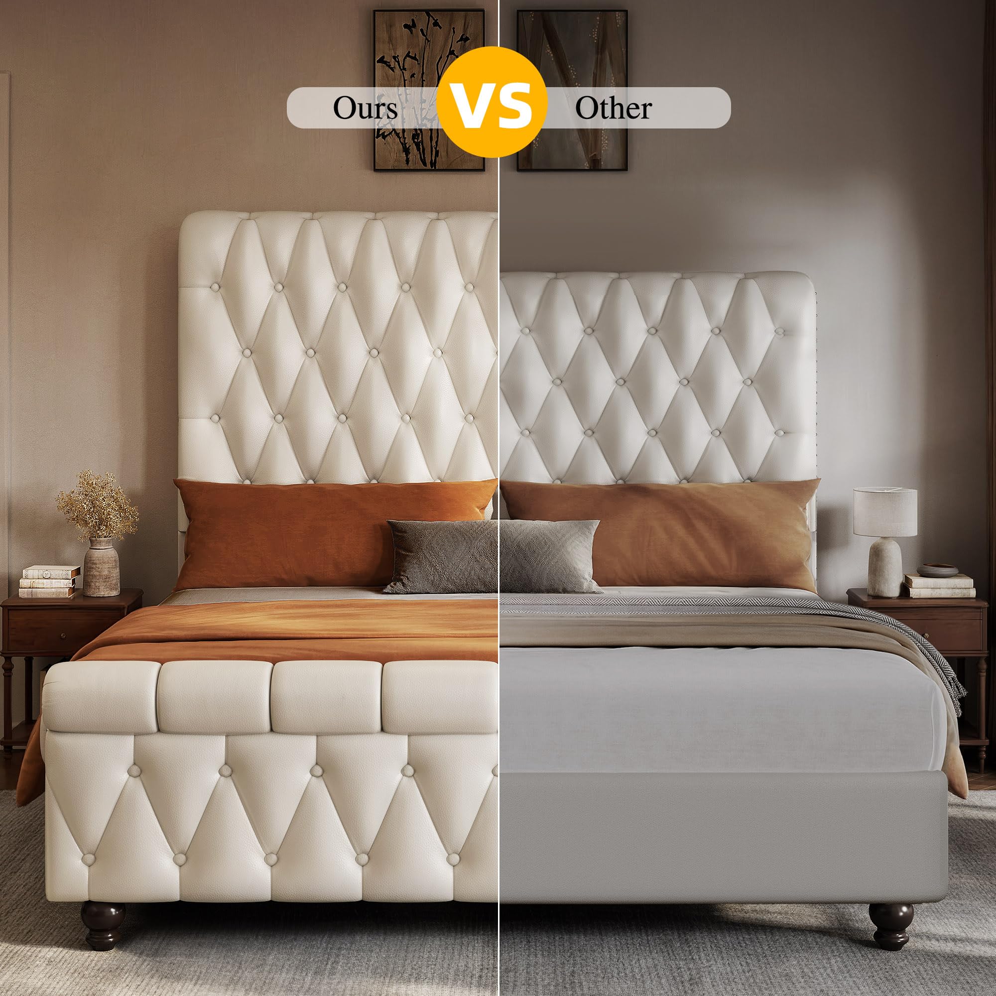 DWVO King Size Platform Bed Frame with 58" Tall Headboard and Footboard, PU Leather Upholstered Platform Bed with Solid Wood Leg, Button Tufted, No Box Spring Needed, Easy Assembly, Beige