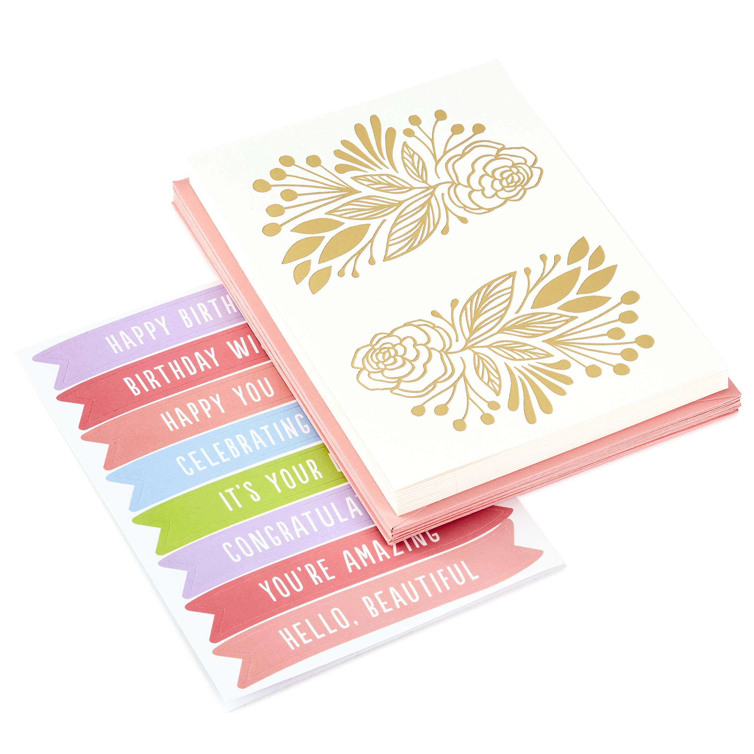 Hallmark Customizable All Occasion Greeting Cards (12 Cards with Envelopes and Stickers) Gold Foil Floral for Birthday, Thank You and Thinking of You