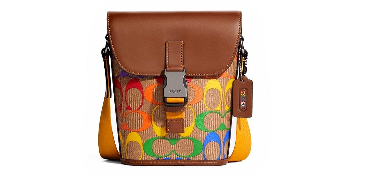 COACH Track Small Flap Crossbody In Signature Canvas (QB/Khaki Multi With Rainbow Print)