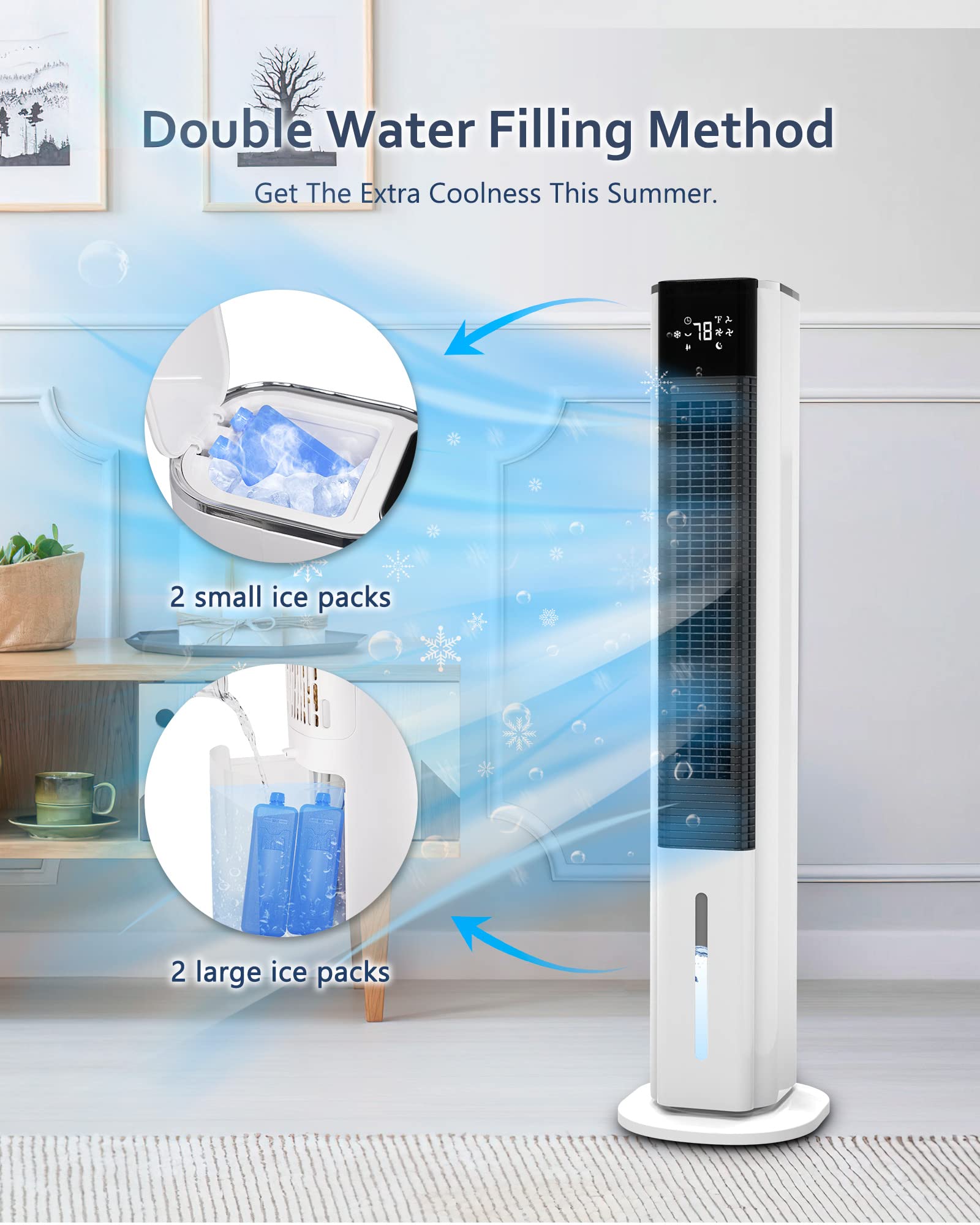 Sunday Living Evaporative Air Cooler, 42 Inch Tower Fan w/Cooling & Humidification, Swamp Fan with Remote Control, 1.3 Gallon Water Tank, 3 Speed & 3 Mode Setting, 12 Hour Timer