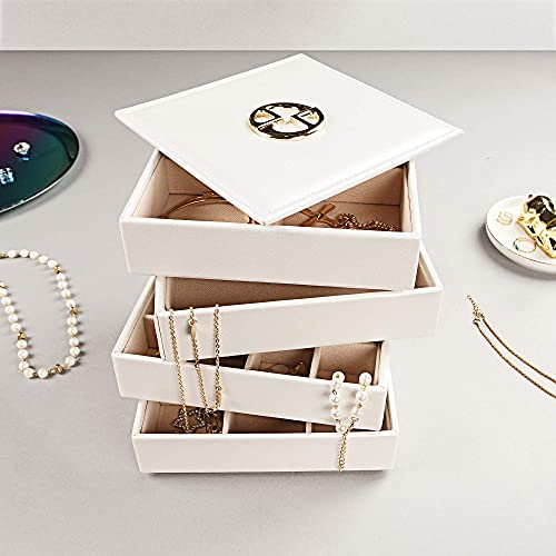 Frebeauty Earring Organizer Tray - Jewelry Accessary Storage Box - 32 Slot Jewelry organizer box 4 Stackable Trays with Lid Storage Display Case for Dresser and Drawer (White)