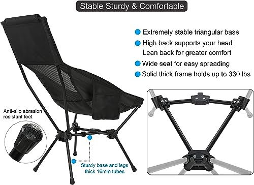 MARCHWAY Lightweight Folding High Back Camping Chair with Head Support, Stable Portable Compact for Outdoor Camp, Travel, Beach, Picnic, Festival, Hiking, Backpacking (Black)