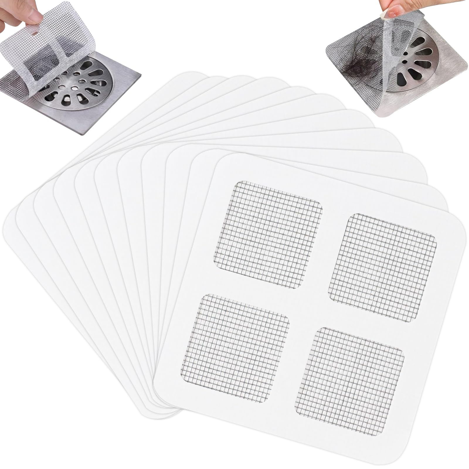 Disposable Shower Drain Hair Catcher, Square Floor Drain Cover Mesh Stickers, Disposable Sewer Filter Screen for Bathroom, Laundry, Bathtub, Kitchen, Sink, for Human and Pet Hair (100 Pcs)