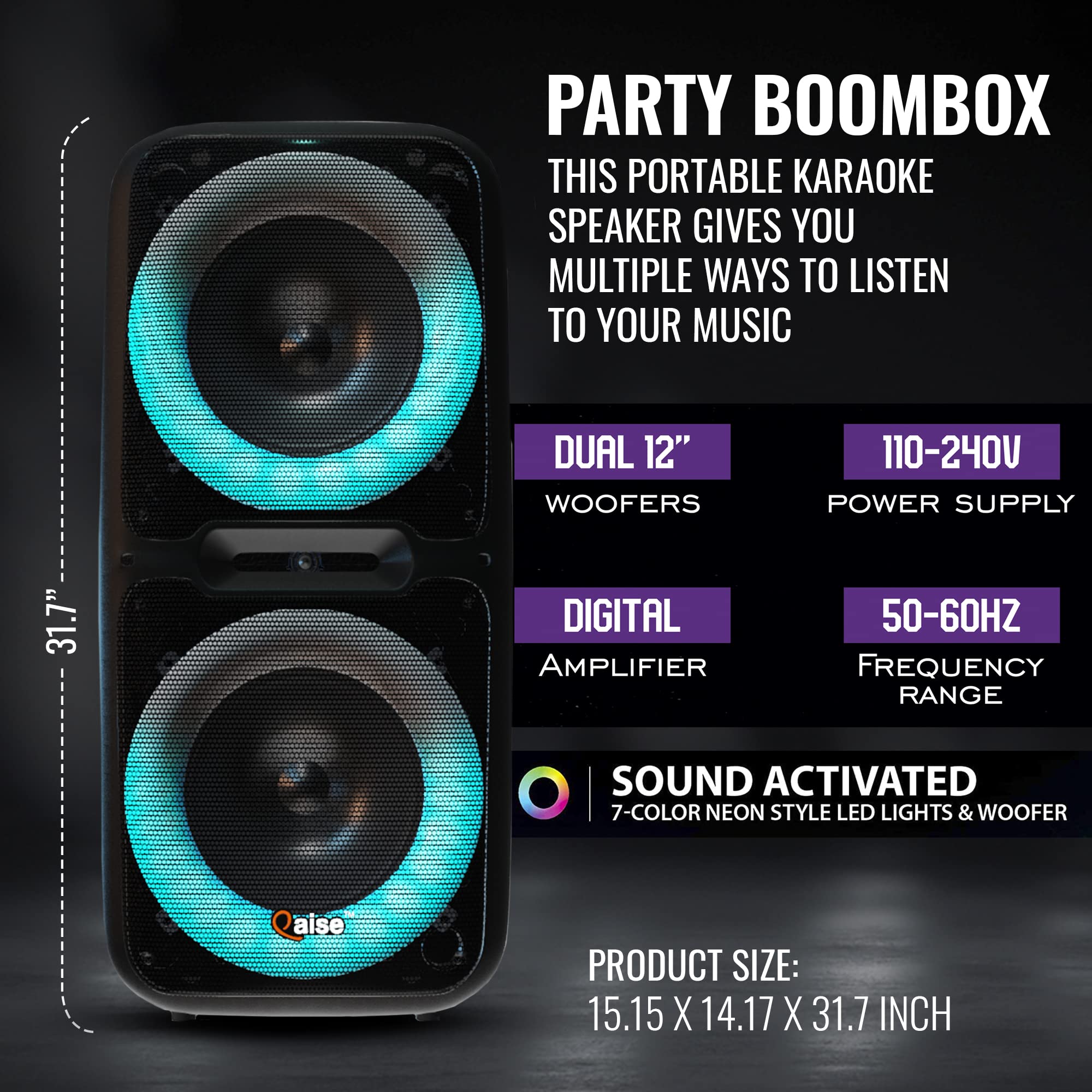 QAISE Portable Bluetooth Speaker & Karaoke Machine - Portable PA System with Wireless Mic, Professional Dual 10β Subwoofer with Lights, 7h Play time, 5000 Watts Peak Power - SonicBoomer X-BASS