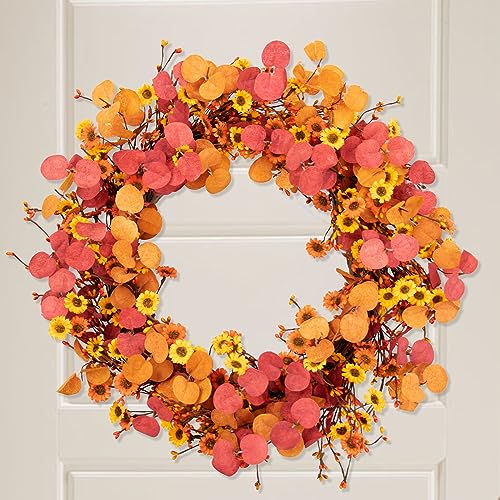 DIYFLORU Fall Wreaths for Front Door 22 inch Autumn Door Wreath Fall Eucalyptus Wreath with Daisy for Thanksgiving Harvest Festival Indoors Outside