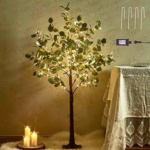Hairui Lighted Eucalyptus Tree Plug in 4FT 160 Warm White LED Artificial Greenery Tree with Lights for Wedding Halloween Christmas Holiday Home Party Decoration