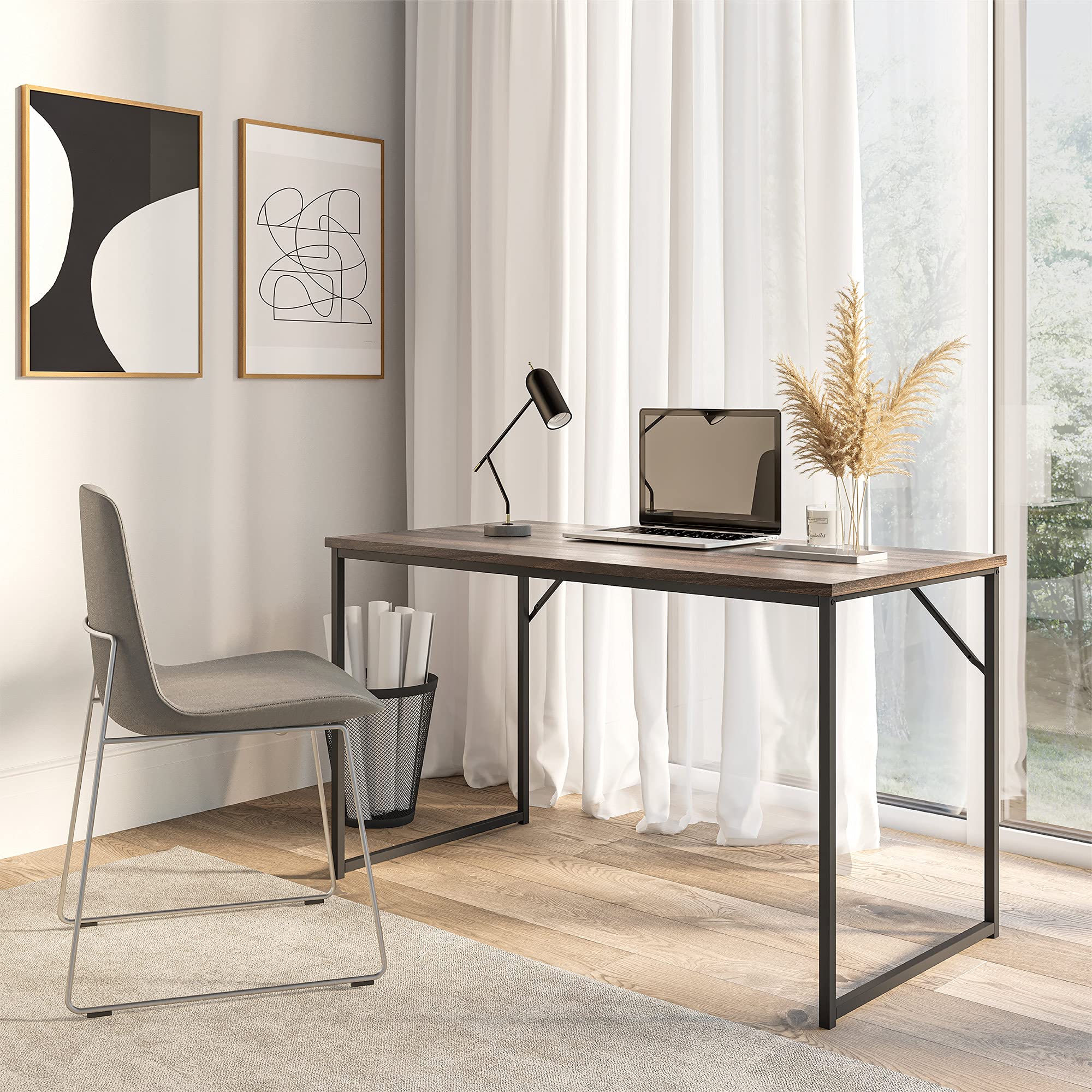 BELLEZE Modern 47 Inch Home Office Computer Laptop Writing Desk or Study Table Workstation with Simple Design, Wood Top, and Black Metal Frame - Barton (Dark Walnut)